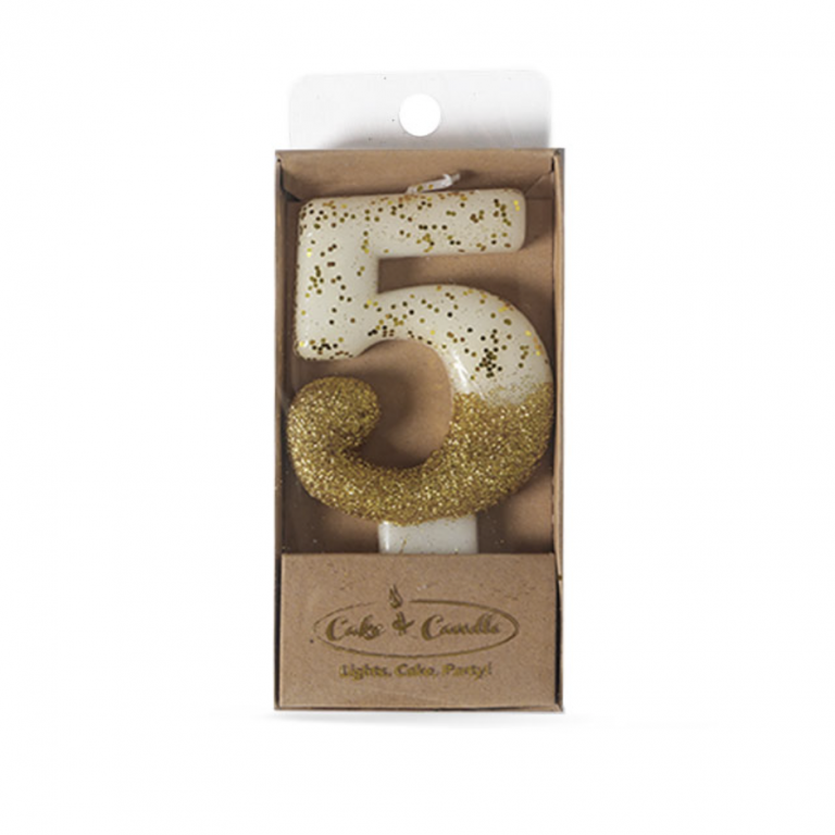 Number 5 Gold Glitter Dipped Candle - Miss Biscuit